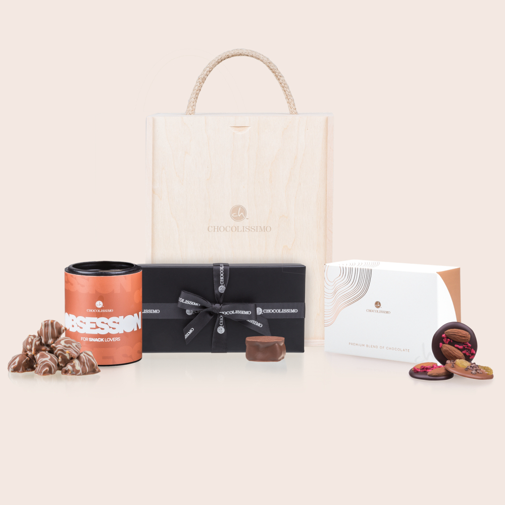 Elegantes Schokoladenset in Holzkästchen
