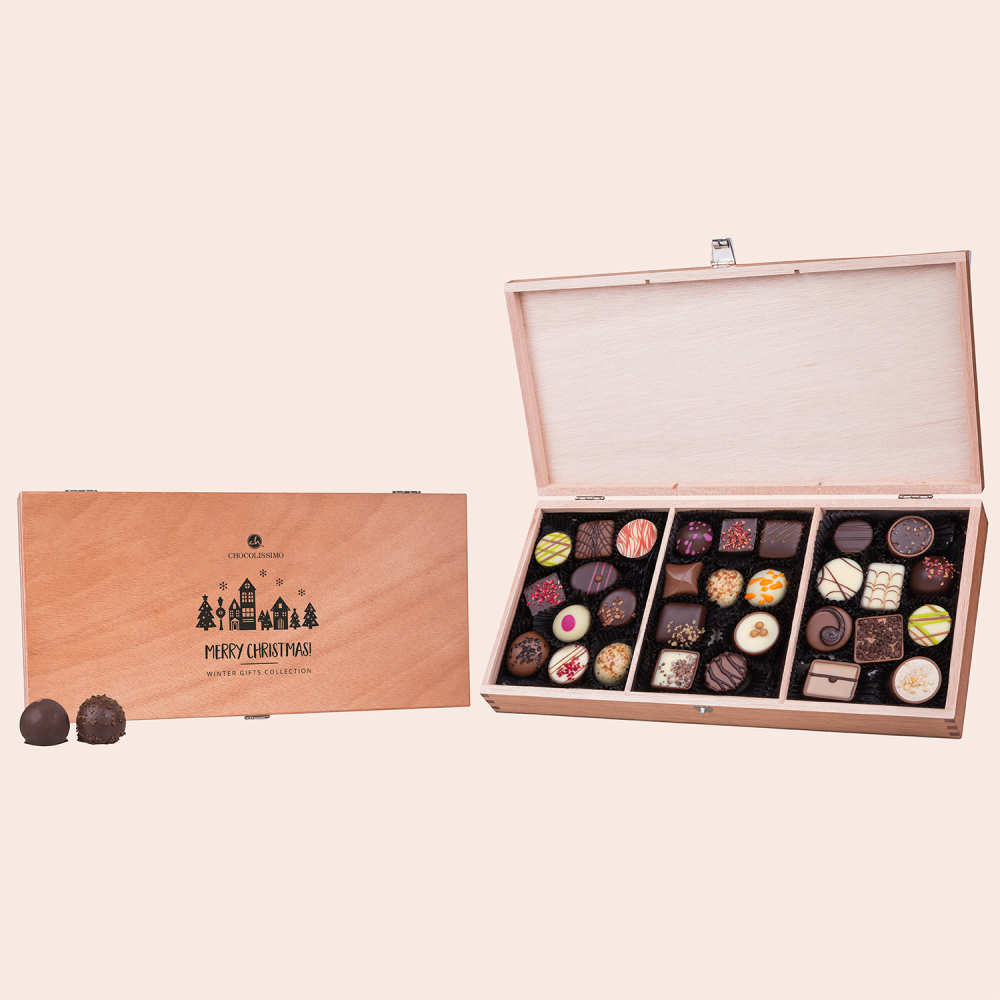 Großes Set Weihnachtspralinen in einer Holzbox - Chocolissimo